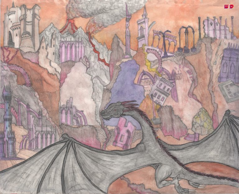 Balerion the Black Dread and Aerea Targaryen flying over Valyria